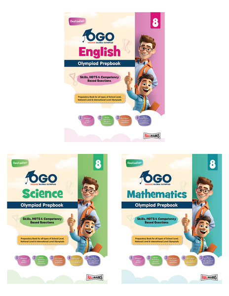 Buy Class 8 Olympiad Books (Math, English & Science) for 2025 – Full Marks